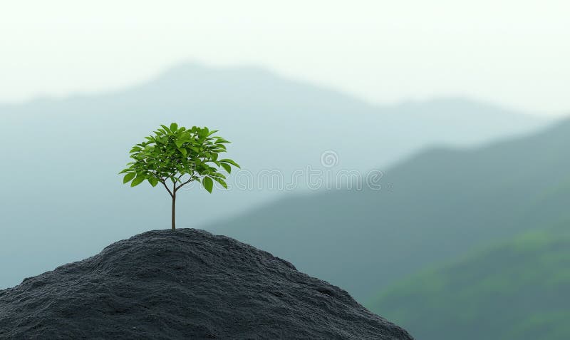 A Small Green Tree Growing on a Rocky Surface Against a Soft Blurred ...
