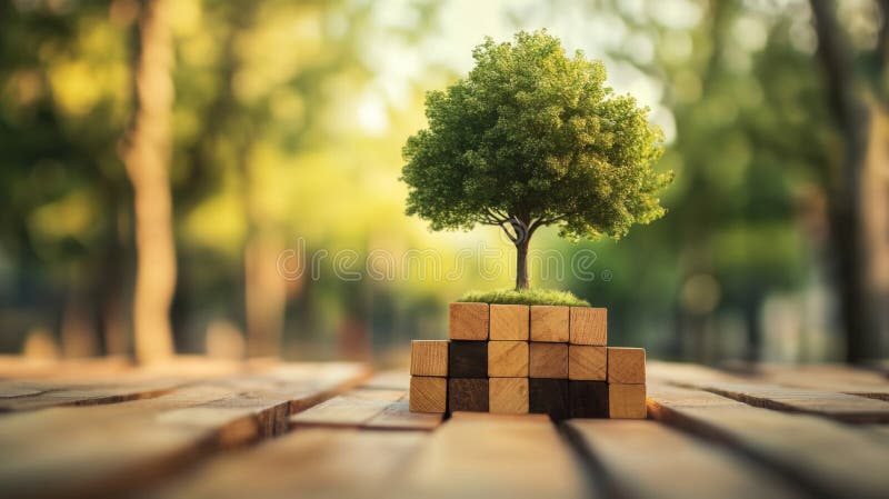 Small Green Tree Growing on Wooden Blocks in a Sunny Park Stock ...