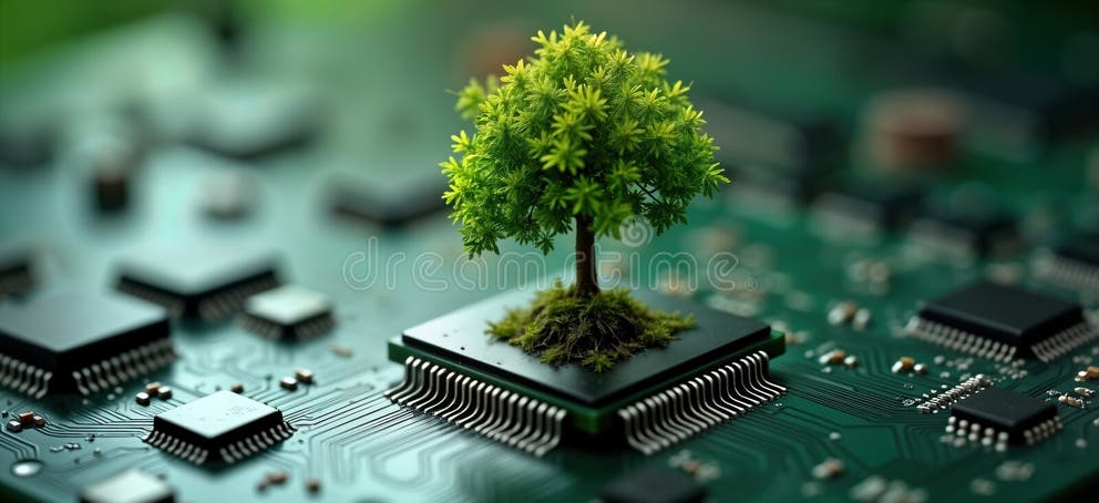 Small Green Tree Grows on Computer Chip. Eco Tech Concept. Nature ...