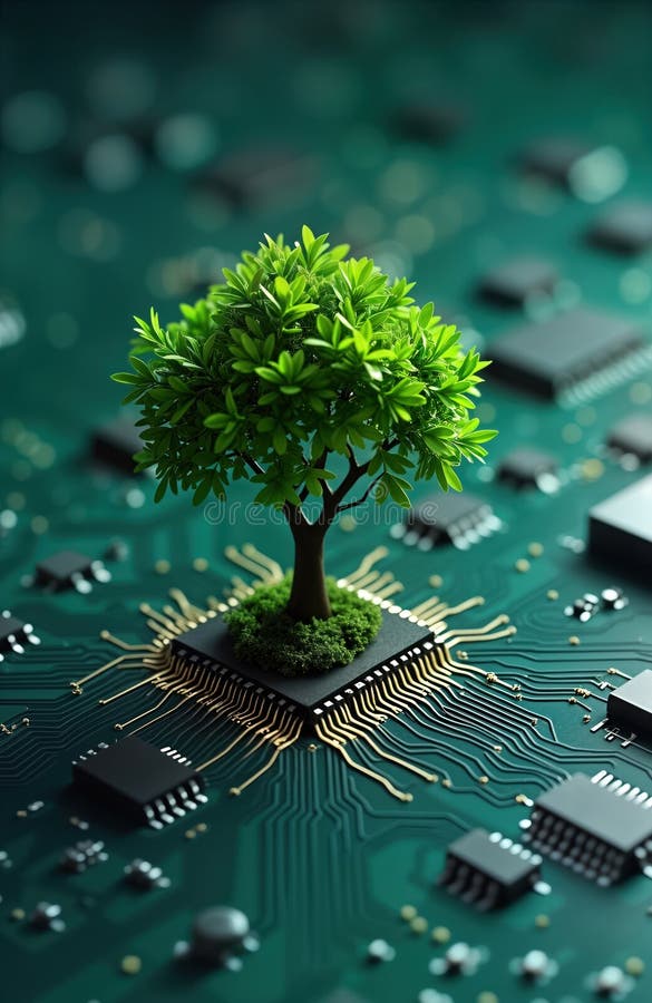 Small Green Tree Grows on Computer Circuit Board. Eco-friendly Tech ...