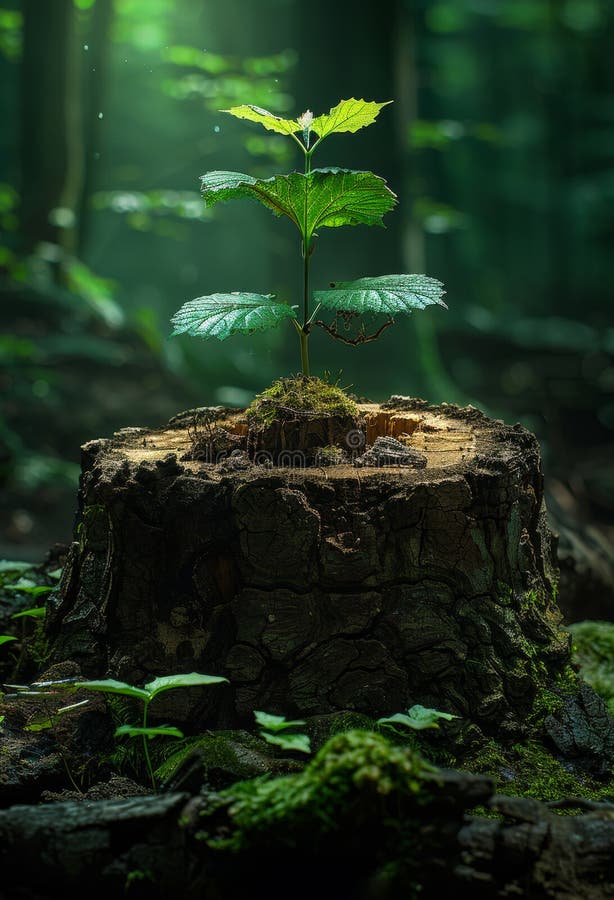 A Small Green Tree Sapling Sprouting from the Center of Dead Decaying ...