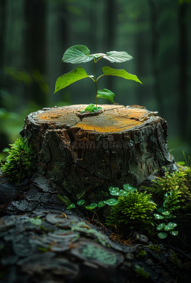 A Small Green Tree Sapling Sprouting from the Center of Dead Decaying ...