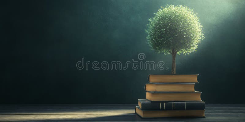 Small Green Tree on Stack of Old Books Dark Background Life Calm Room ...