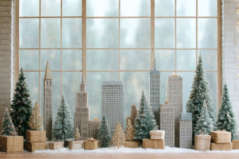 Small Green Trees on a Windowsill with a Bright City Skyline Visible ...