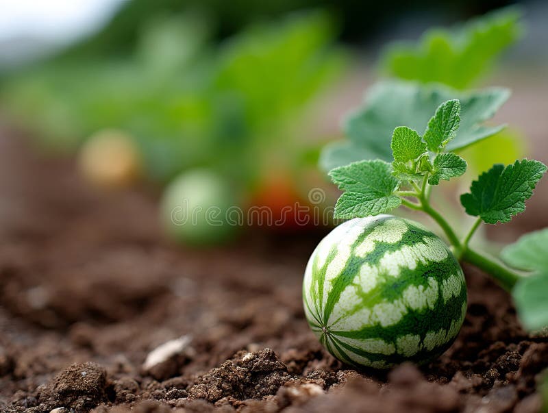 A Small Green and White Watermelon Growing in the Dirt Stock Photo ...