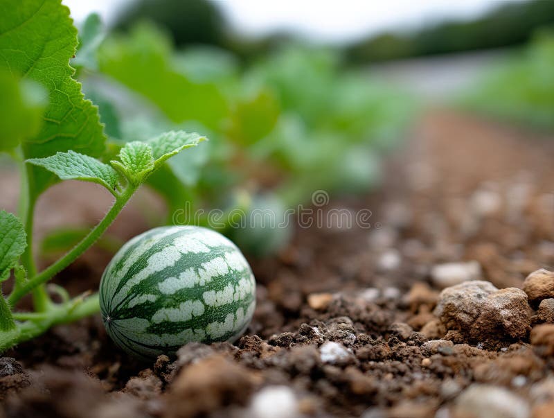 A Small Green and White Watermelon Growing in a Garden Stock Photo ...
