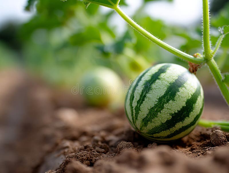 A Small Green and White Watermelon Growing on a Plant in a Garden Stock ...