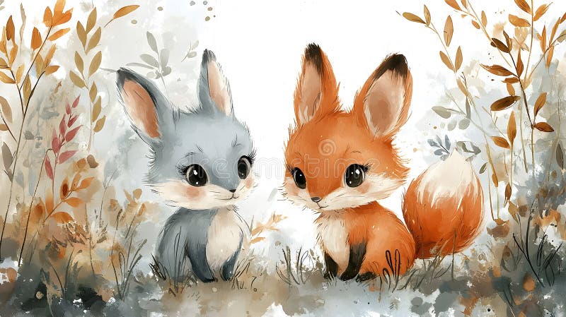 Whimsical Encounter between a Rabbit and a Fox in a Serene Forest ...