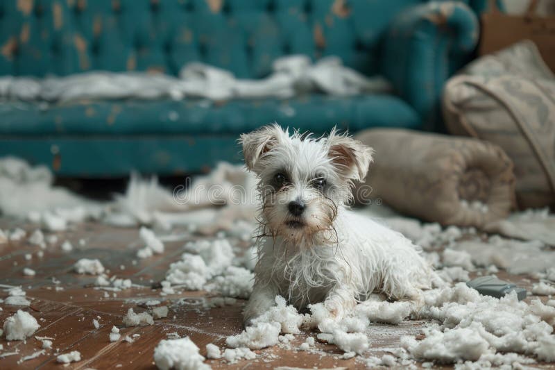 Small Guilty Dog Sitting on Wooden Floor after Biting Pillows Stock ...