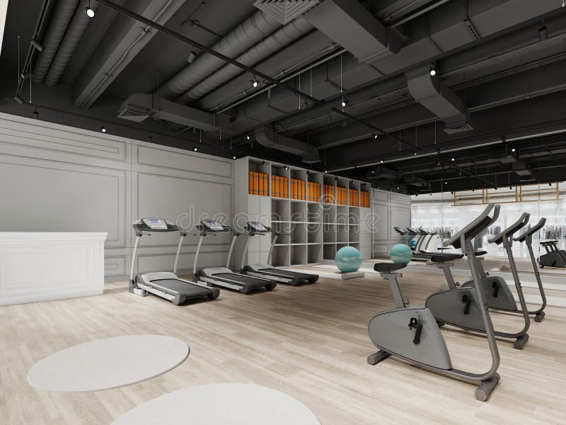Small Gym Design with Treadmills and Exercise Bikes in Black and White ...