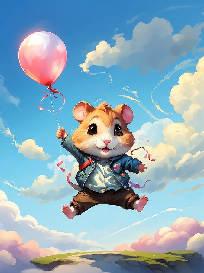 Small Hamster Floating with Balloons in Sky. Stock Illustration ...
