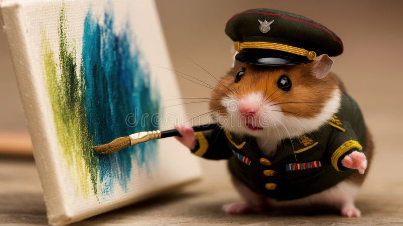 A Small Hamster in a Military Uniform Holding an Easel and Painting, AI ...
