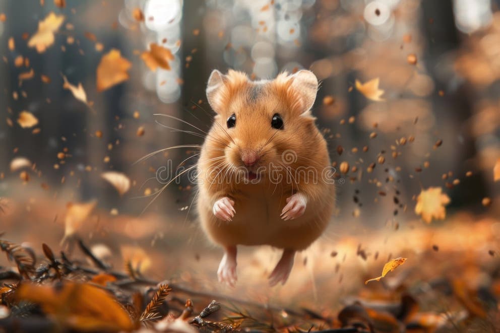 A Small Hamster is Running through the Leaves on the Ground in a Dense ...