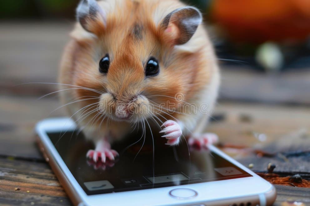 A Small Hamster Sits on a Smartphone, Looking Curiously at the Screen ...