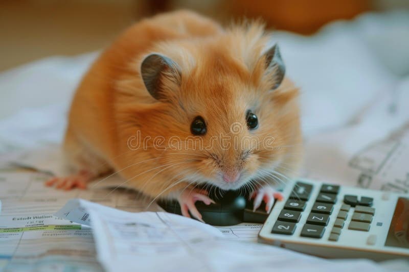 A Small Hamster Sits on a Table with a Calculator and Papers, Looking ...