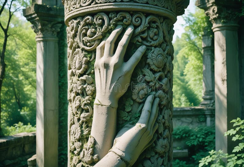 A Small Hand Sculpture Pillar with an Emeralds Background Stock ...