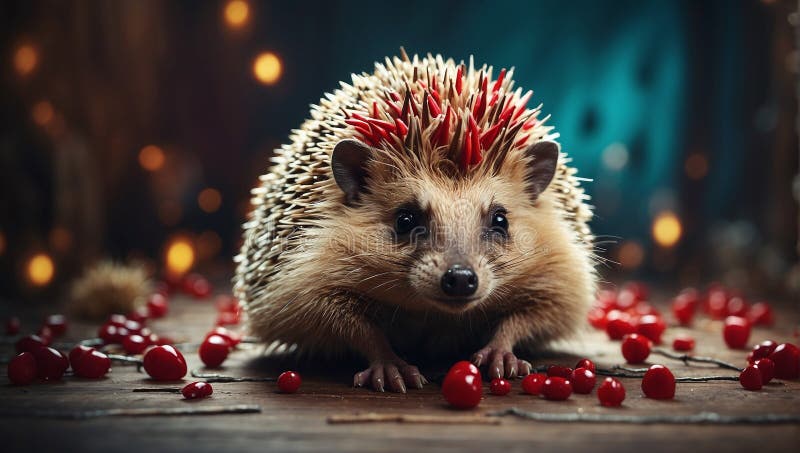 A Small Hedgehog with Red Needles Above His Head Sits among the ...