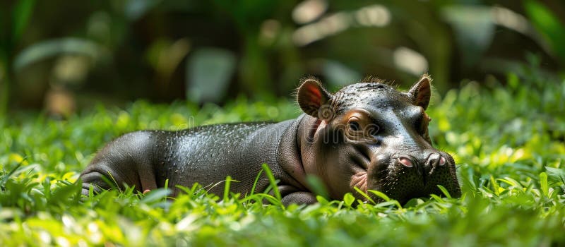 Small Hippo Resting in Grass Stock Image - Image of savanna, hippo ...