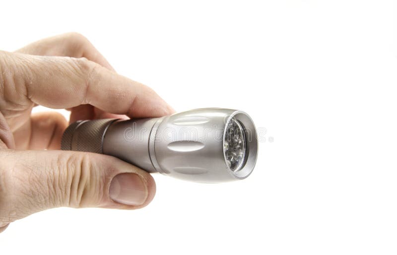 Small Home Pocket Led Flashlight in Hand on the White. Stock Image ...