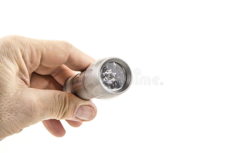 Small Home Pocket Led Flashlight in Hand on the White. Stock Image ...