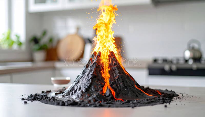 Small Homemade Volcano Model with Red Hot Lava Erupting in a White ...