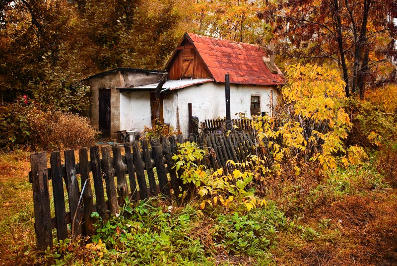 Small House in the Autumn Forest in the Village Stock Photo - Image of ...