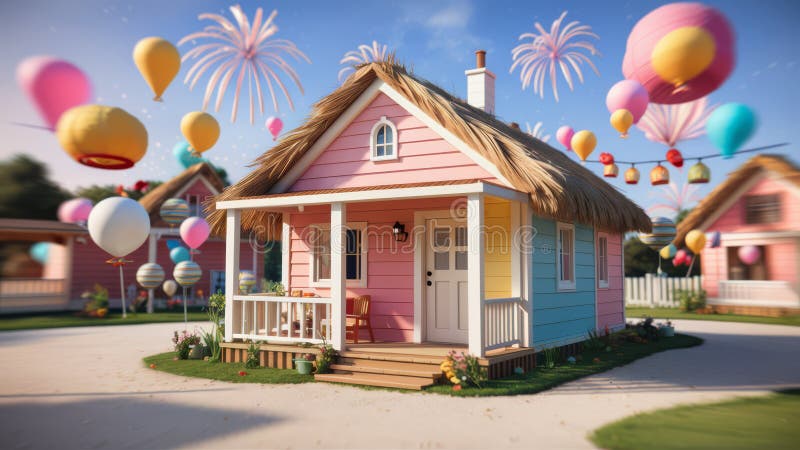A Small House with Balloons and Fire Works in the Sky, AI Stock Photo ...