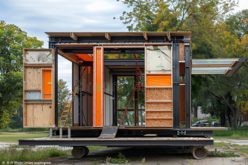 A Small House is Being Built on a Trailer Using Modular Construction ...