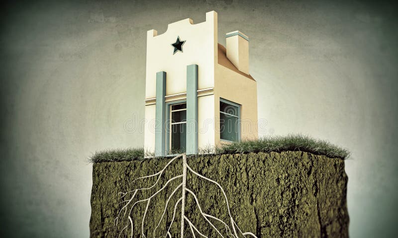 Small house with big roots stock photo. Image of soil - 26442878