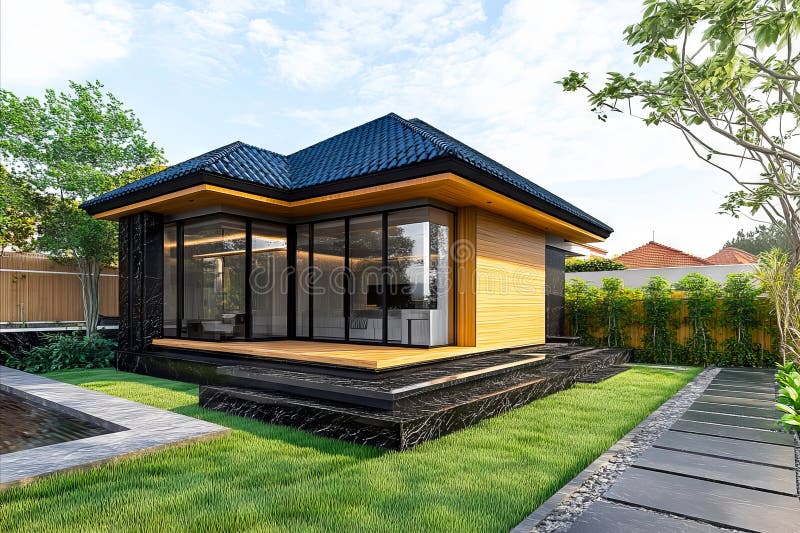 A Small House with a Black Roof and a Green Lawn Stock Photo - Image of ...