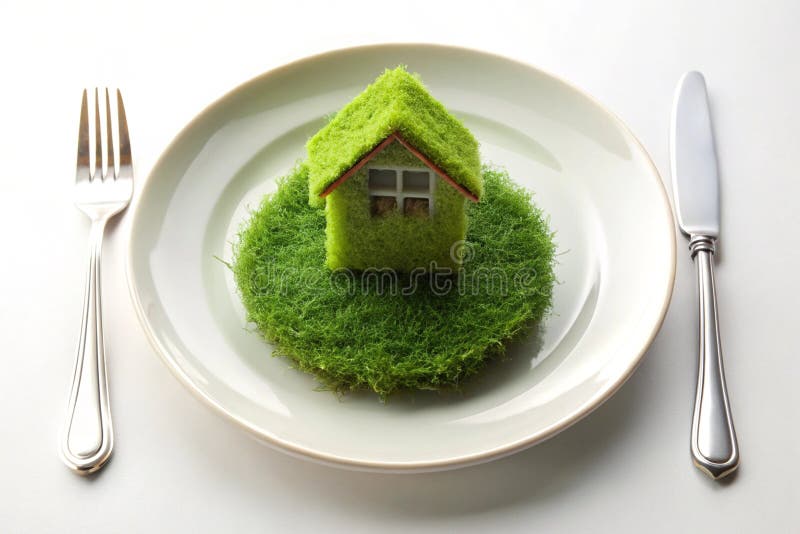 Small House Concept on Plate Made from Grass Stock Illustration ...