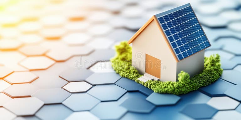 Sustainable Home with Solar Panels Surrounded by Hexagonal Blue Tiles ...