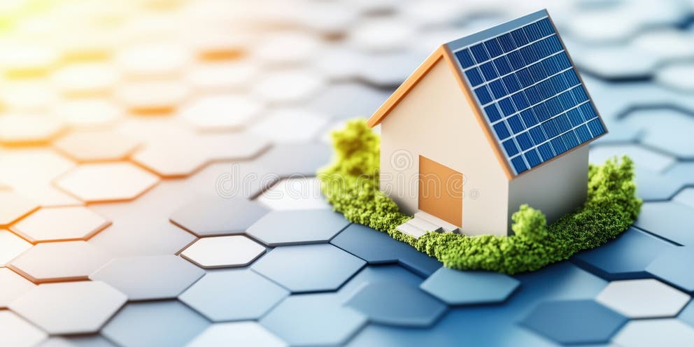 Sustainable Home with Solar Panels Surrounded by Hexagonal Blue Tiles ...