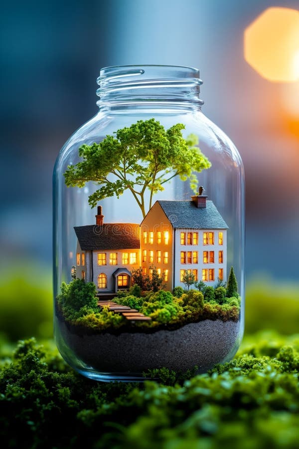 A Small House in a Glass Jar with a Tree Inside of it Stock Photo ...