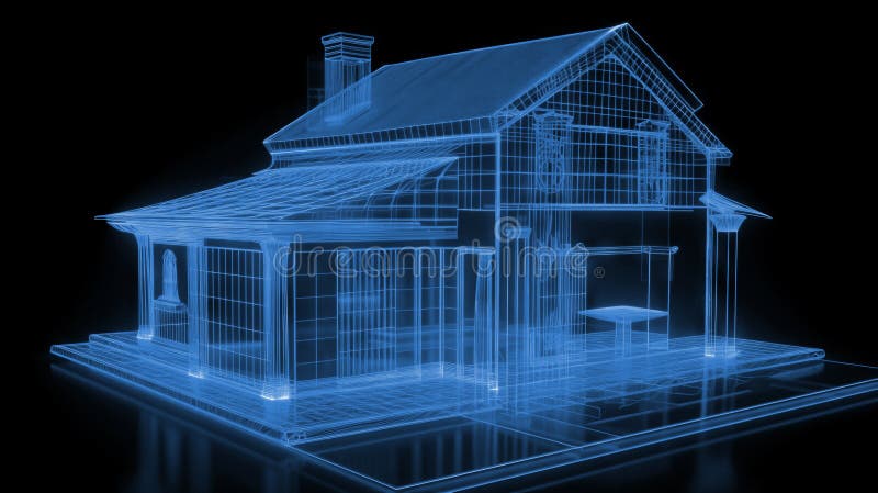 Small House in Glowing Wireframe: a Technical Illustration Stock ...