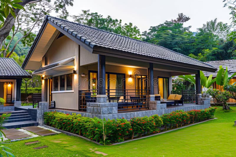 A Small House with Green Grass and Trees Stock Photo - Image of roof ...