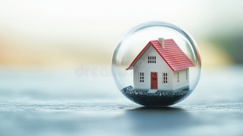 A Small House Inside a Glass Ball on a Table Stock Illustration ...