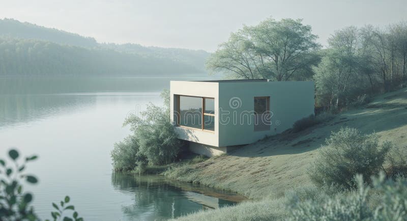 A Small House with a Large Window Overlooking a Lake. Stock Image ...