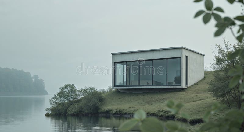 A Small House with a Large Window Overlooking a Lake Stock Image ...