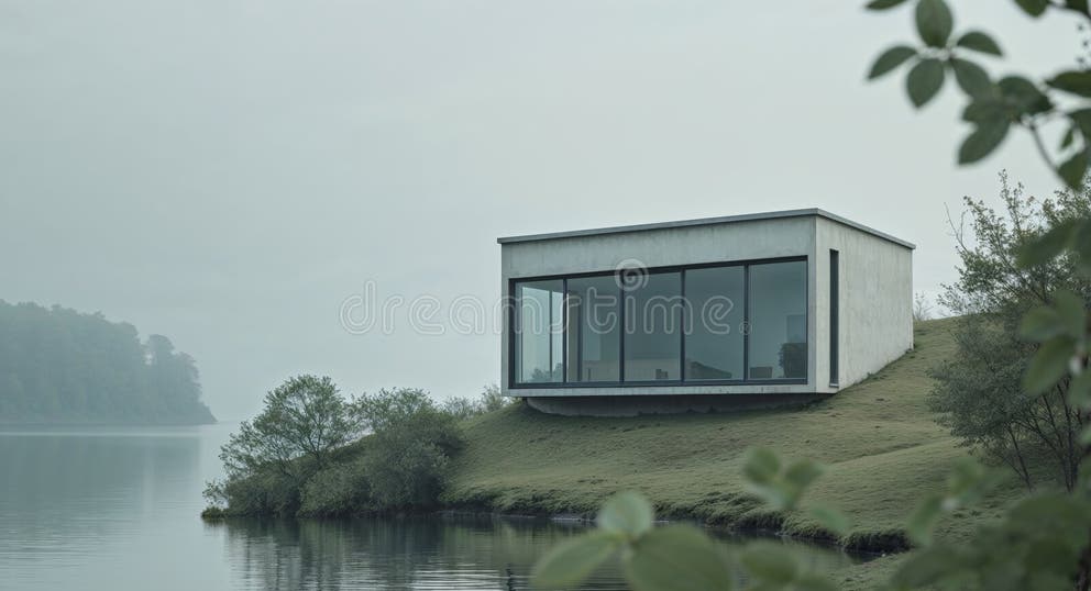 A Small House with a Large Window Overlooking a Lake Stock Image ...