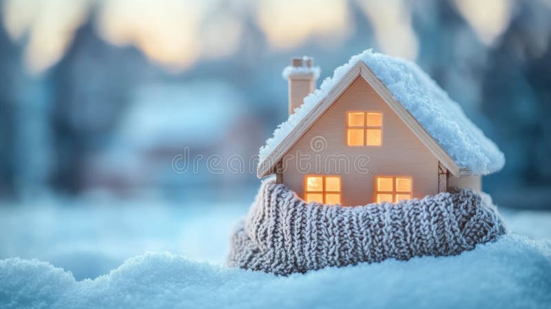 A Small House with a Light Shining through the Snow, AI Stock Photo ...