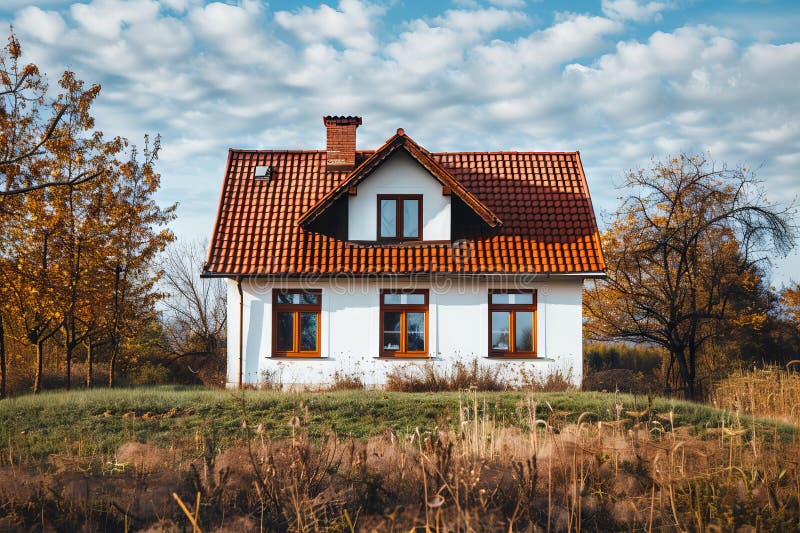 A Small House in the Middle of a Field Stock Image - Image of grassland ...