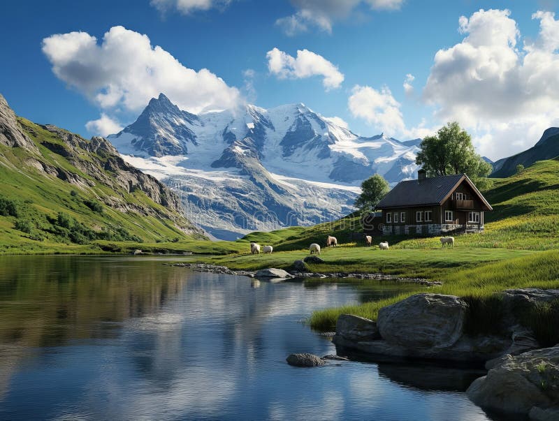 A Small House in the Middle of a Mountain Lake Surrounded by Grassy ...