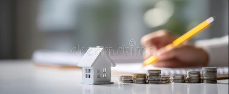 The Small House Model beside Coins and Notepad for Financial Planning ...