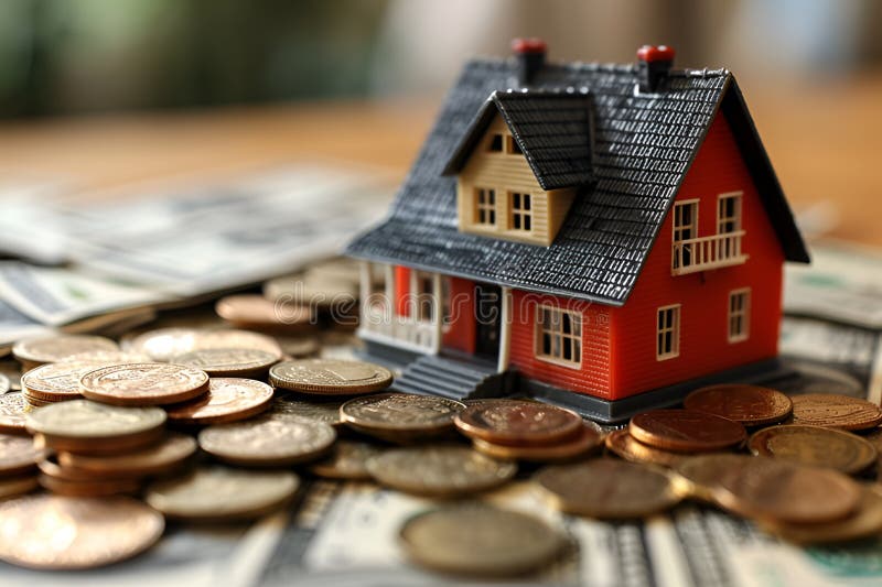 Small House Model on Coins, Real Estate Concept Stock Illustration ...