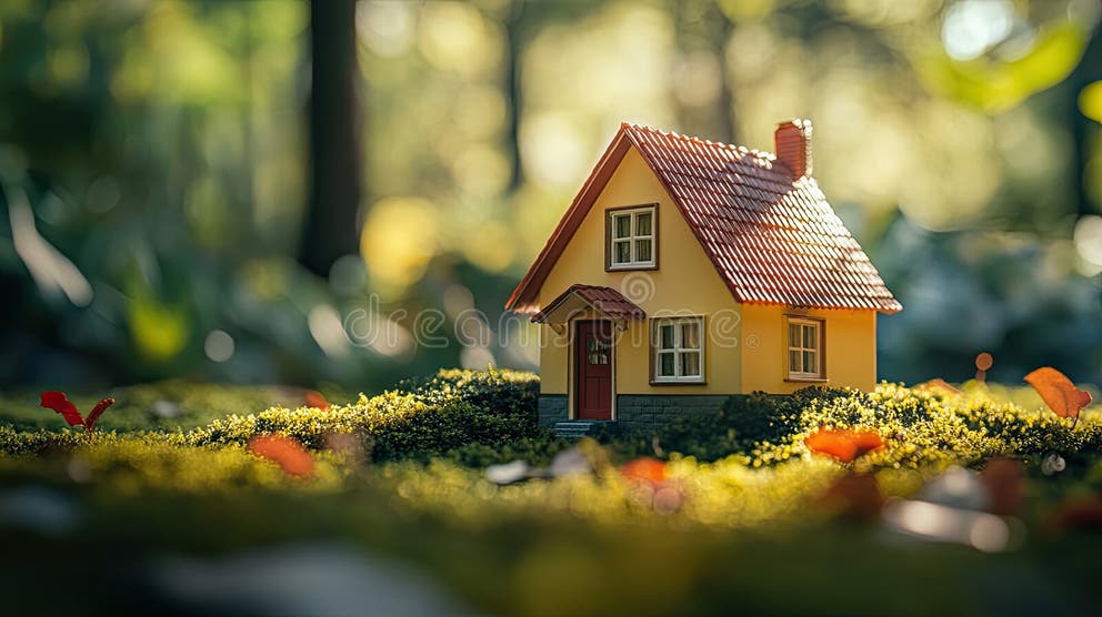 Small House Model in Mossy Forest. Dream House Concept Stock Image ...