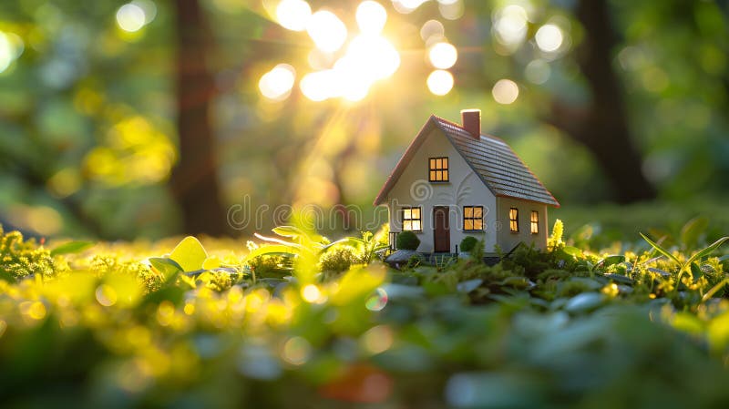 Small House Model Stands on Green Grass in Front of Sunlight Estate ...