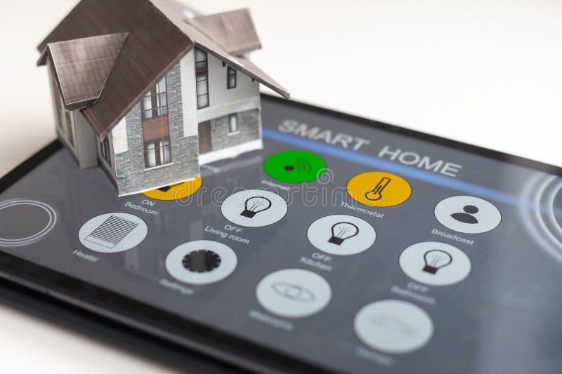 Small House Model is on Table and Icons Home Electronics Devices ...