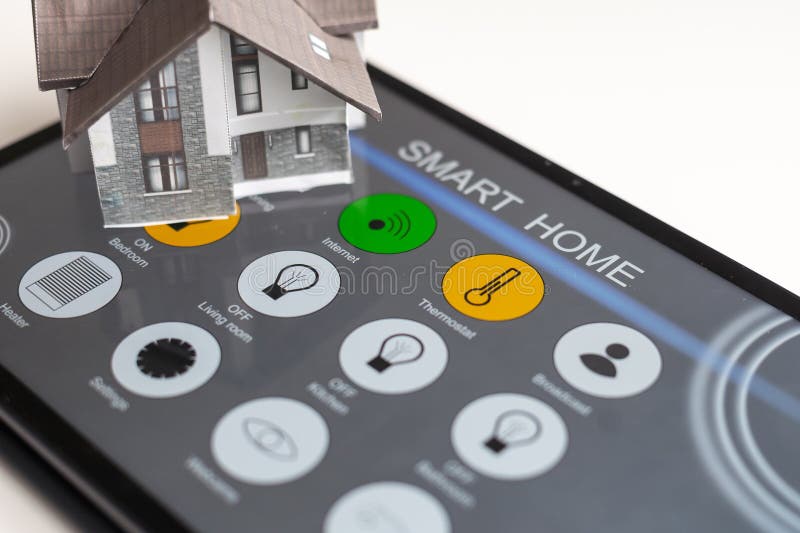 Small House Model is on Table and Icons Home Electronics Devices ...