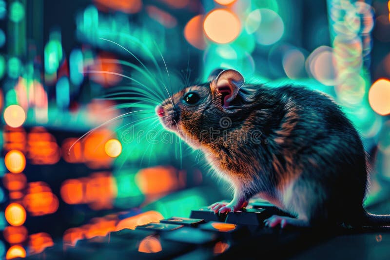 A Small House Mouse Perches on a Keyboard, Bathed in the Warm Glow of a ...
